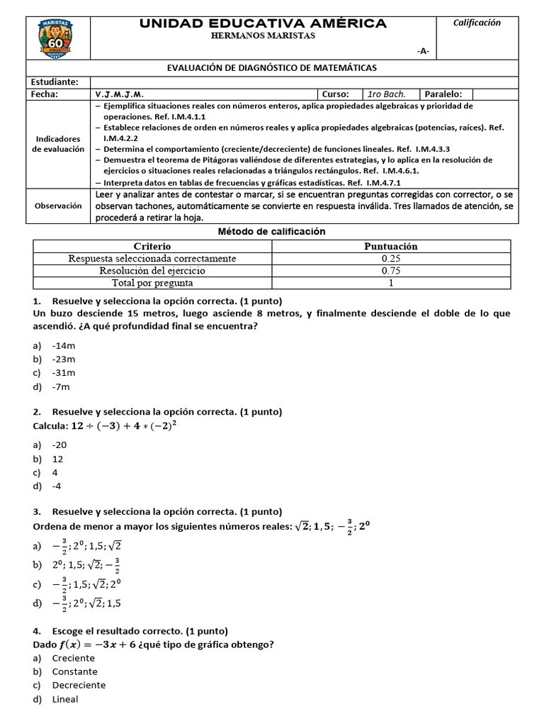 Prueba Diagnóstico 1ro Bach 2025 - A | PDF | Matemáticas