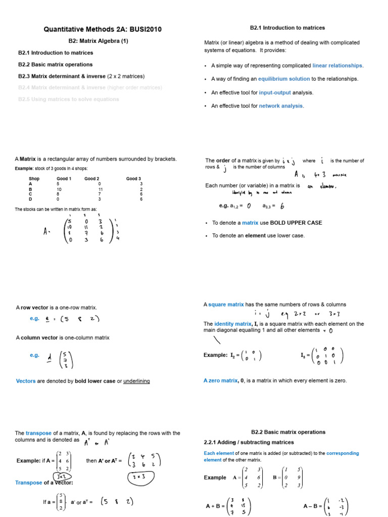 B2 Matrix Algebra (Part 1) Student | PDF | Matrix (Mathematics ...