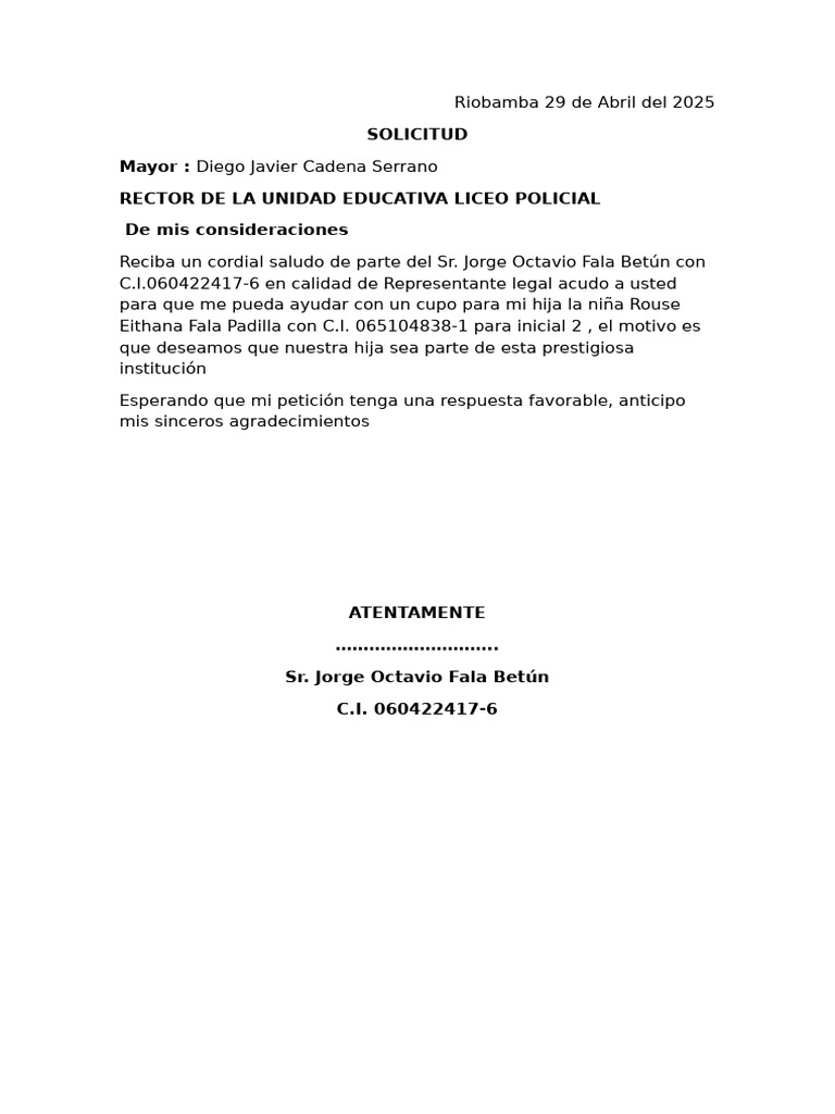 Solicitud Mayor: Rector de La Unidad Educativa Liceo Policial de Mis Consideraciones | PDF