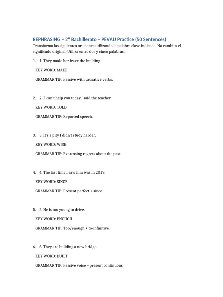 Rephrasing Exercises 2bachillerato | PDF | Verb | Grammar