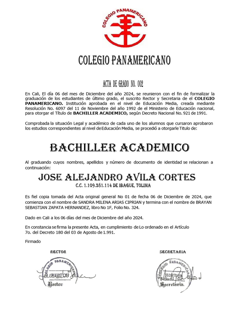 Acta de Grado Colegio Panamericano Jose Alejandro | PDF