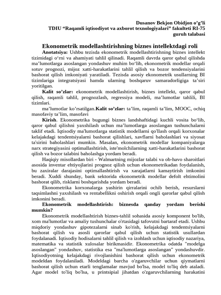 Dusanov Bekjon tezis (2) | PDF