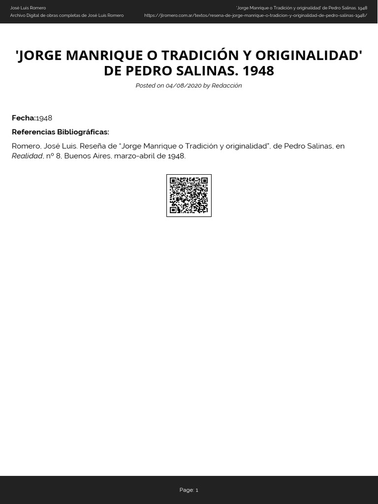 Jorge Manrique o Tradicin y Originalidad de Pedro Salinas 1948 | PDF | Federico García Lorca ...