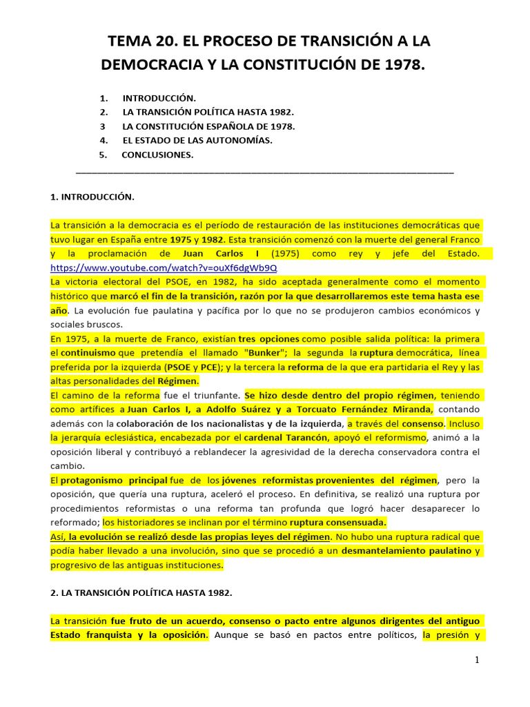 TEMA 20. EL PROCESO DE TRANSICIÓN A LA DEMOCRACIA y la CONSTITUCIÓN DE ...