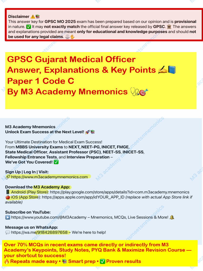 GPSC MO 2025 Solutions Answer by M3 Academy Mnemonics | PDF | Anemia | Metastasis