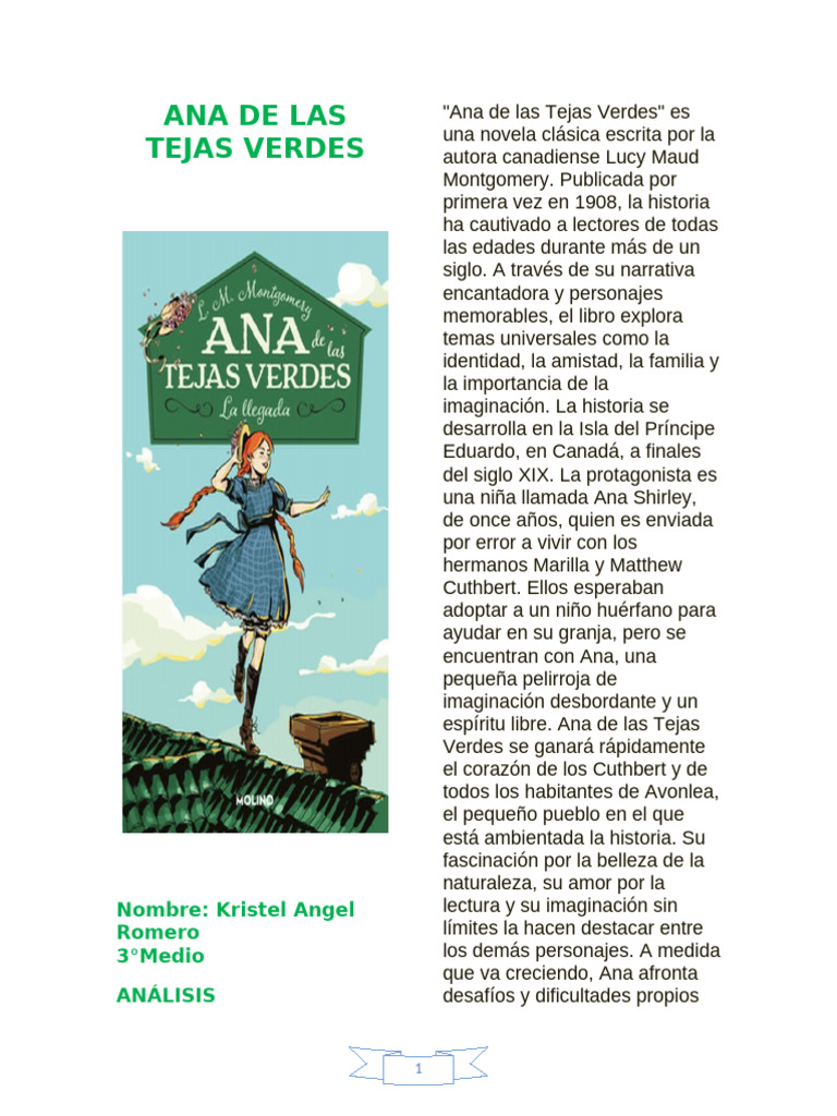 Ana de Las Tejas Verdes Kristel 3°m | PDF | Anne Of Green Gables