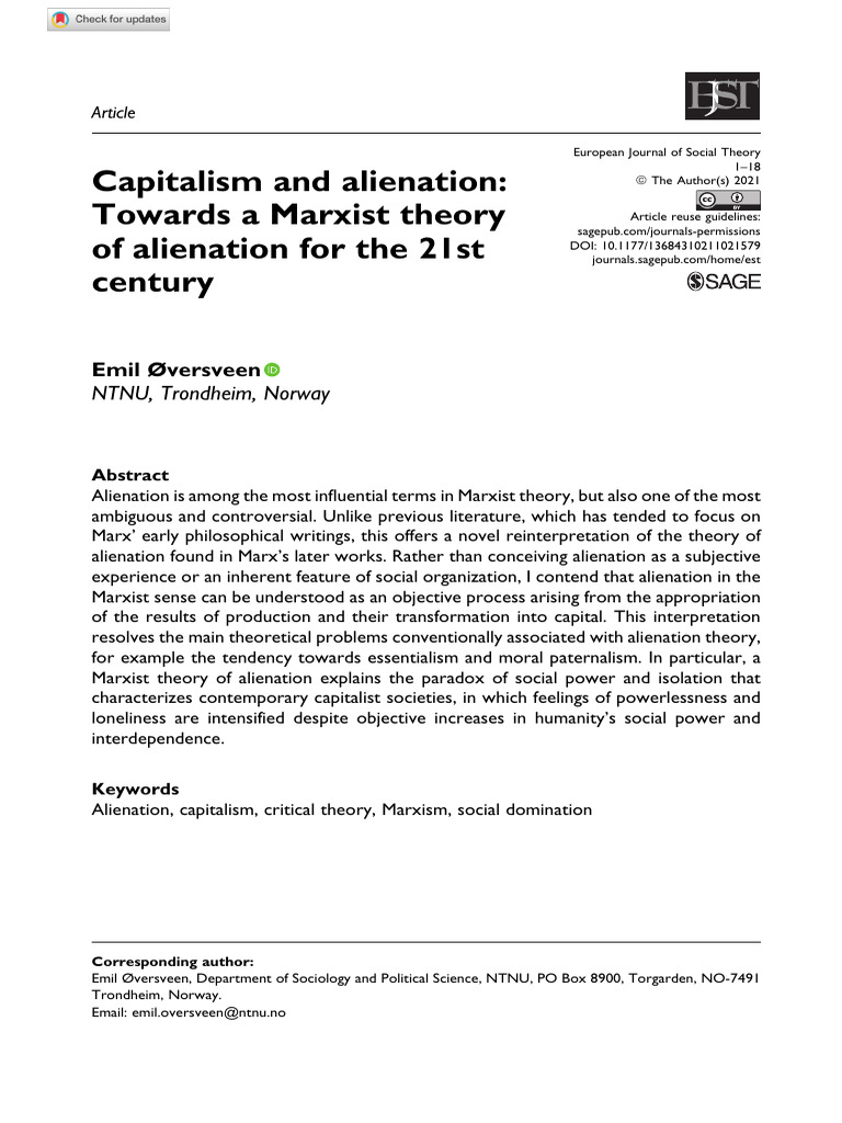 Towards A Marxist Theory of Alienation For The 21st Century | PDF | Marx's Theory Of Alienation ...