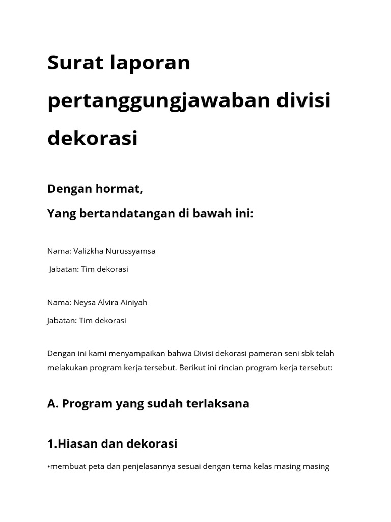 Surat Laporan Pertanggungjawaban Divisi Dekorasi | PDF