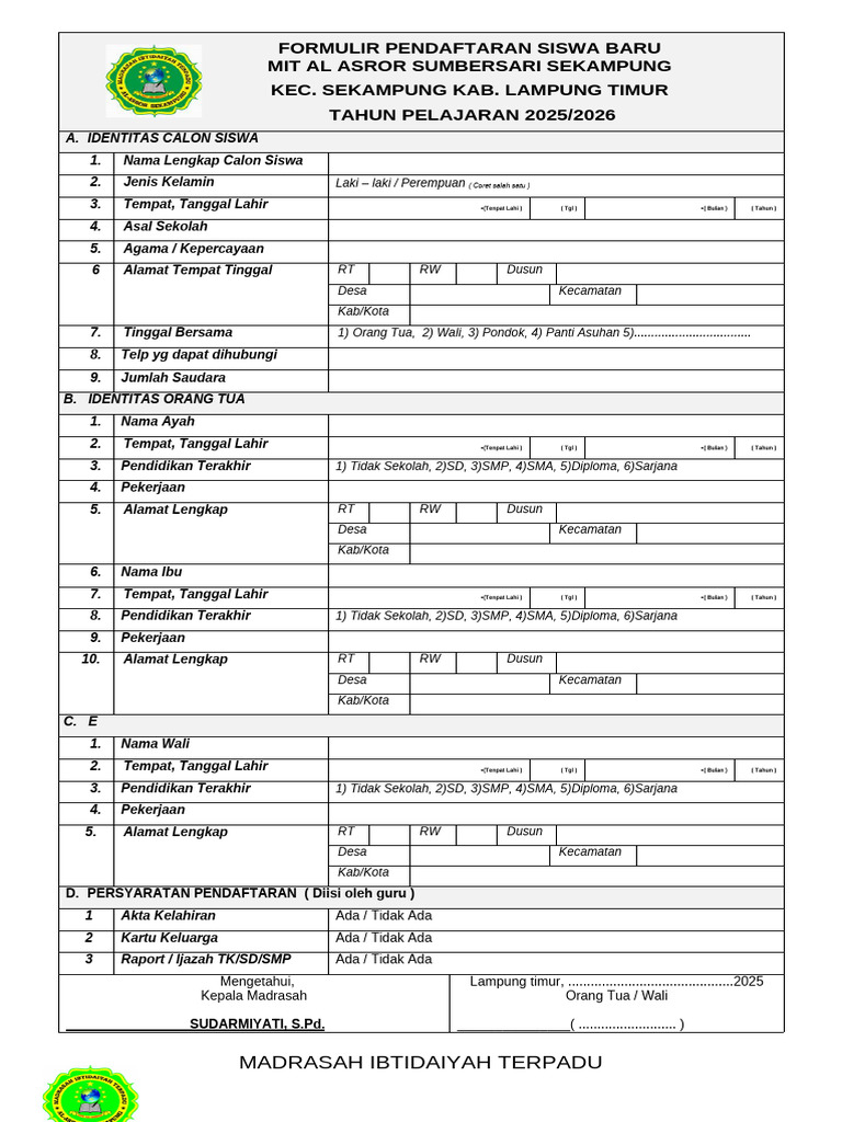 Formulir Pendaftaran Siswa Baru SD | PDF
