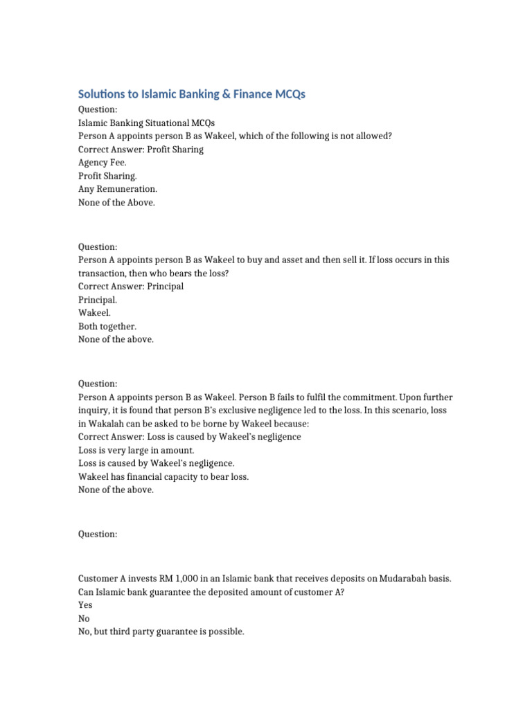 Islamic Banking MCQ Solutions | PDF | Islamic Banking And Finance | Banks