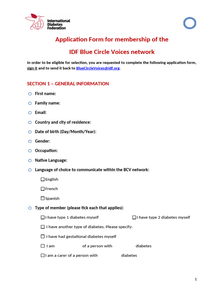 IDF Blue Circle Voices Membership Form | PDF | Diabetes | Glycated ...