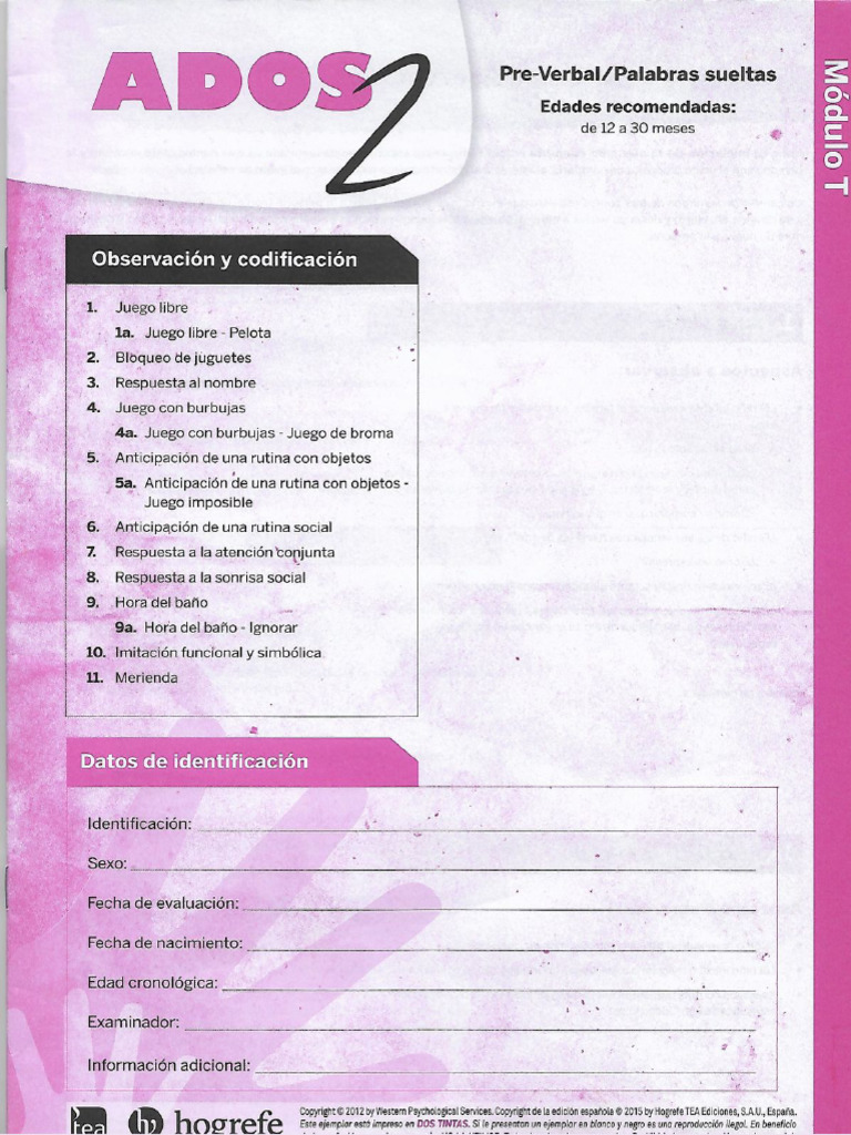 ADOS-2 (Modulo T) - Pré Verbal (12 a 30 meses) | PDF
