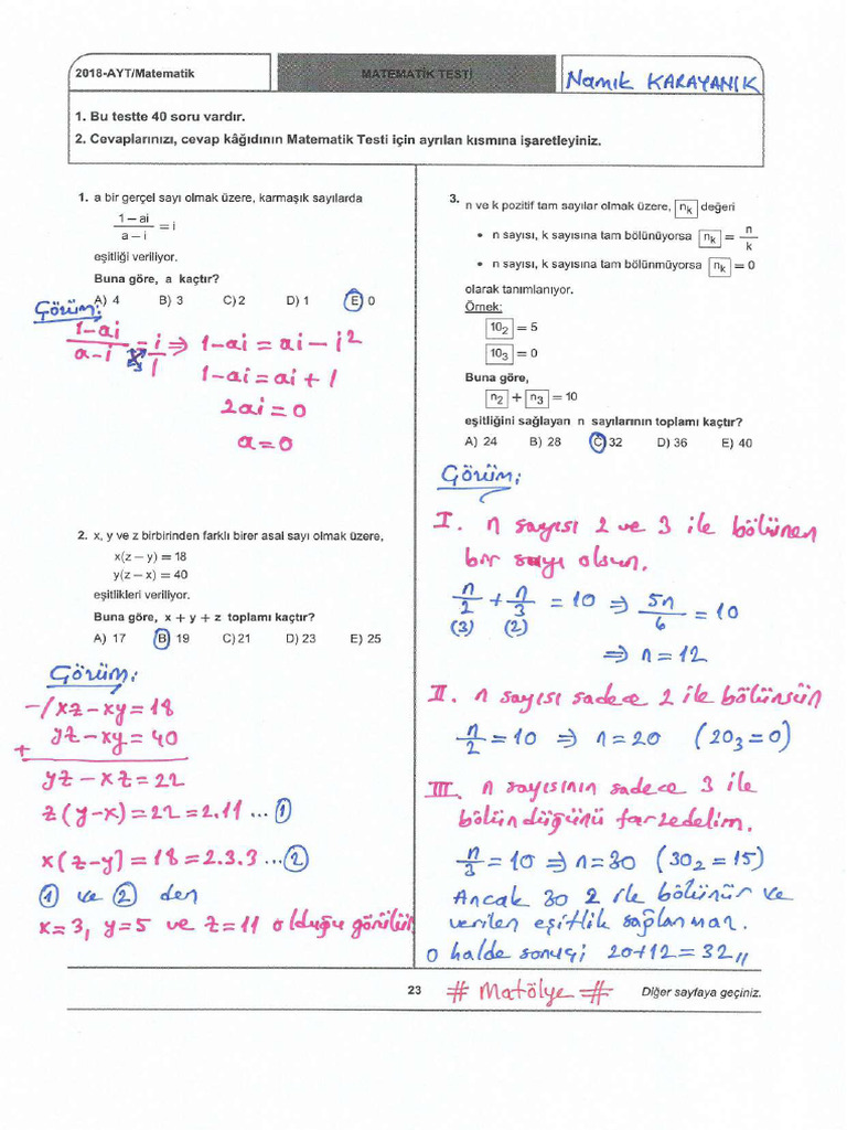 2018 Ayt Matematik Cozumleri | PDF
