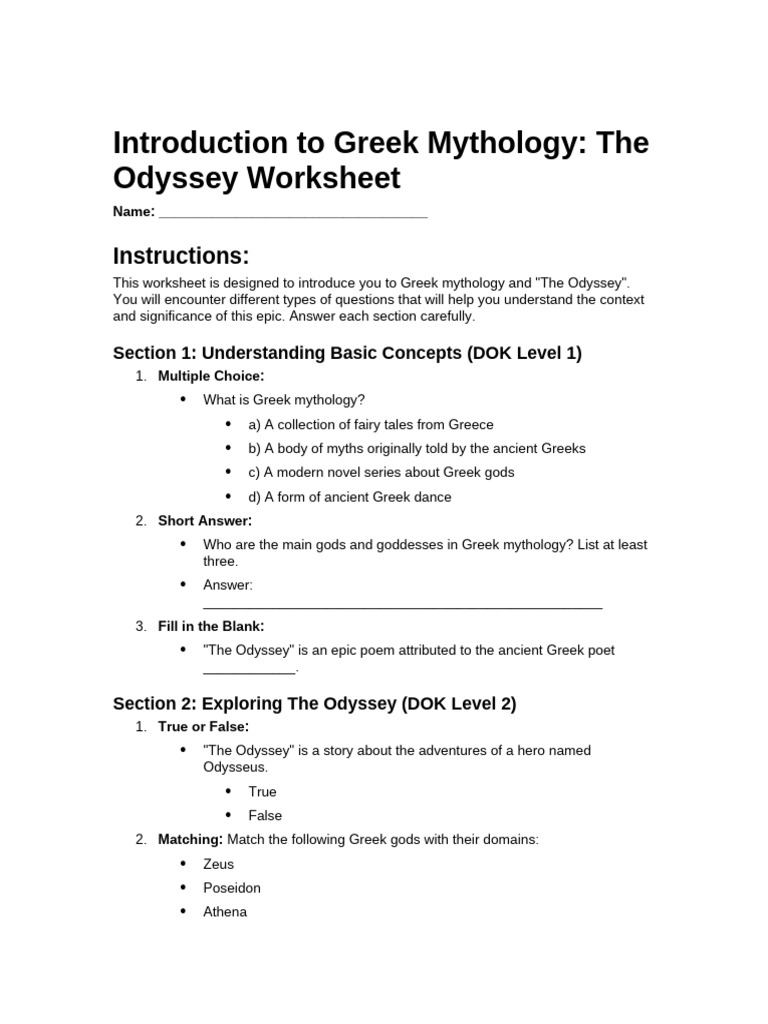 Introduction To Greek Mythology: The Odyssey Worksheet | PDF | Odyssey ...