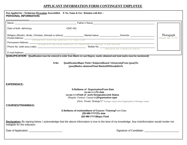 Applicant Information Form-New For Contingent | PDF