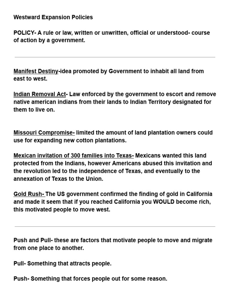 Westward Expansion Policies Notes | PDF