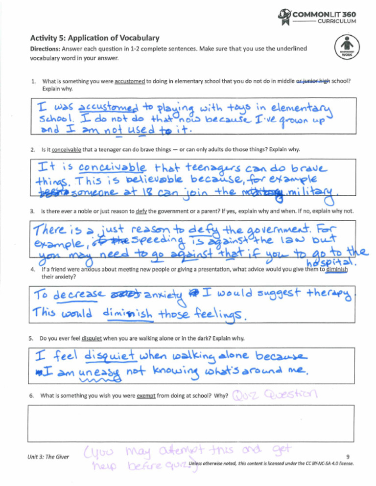 The Giver - Vocab Set 2 - Part 5 (Questions 1 - 5) Teacher | PDF