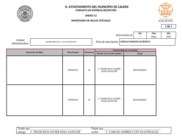 Anexo 52. Inventario de Sellos Oficiales | PDF