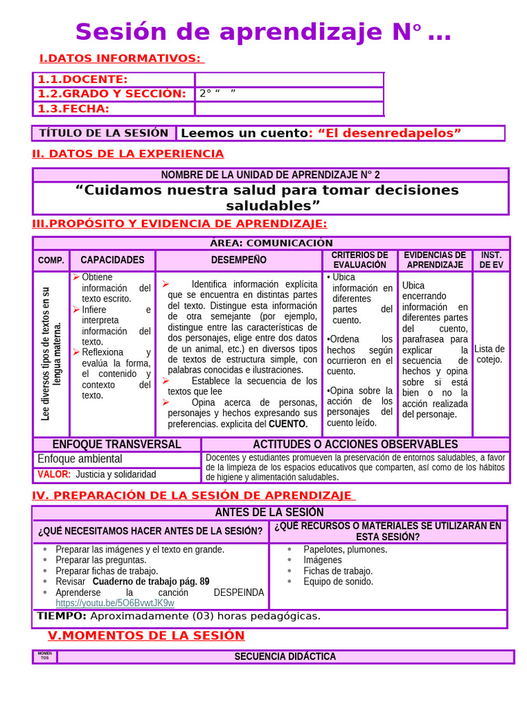 Sesion Leemos Un Cuento El Desenredapelo Maestra Janet 2° Grado | PDF | Aprendizaje | Información