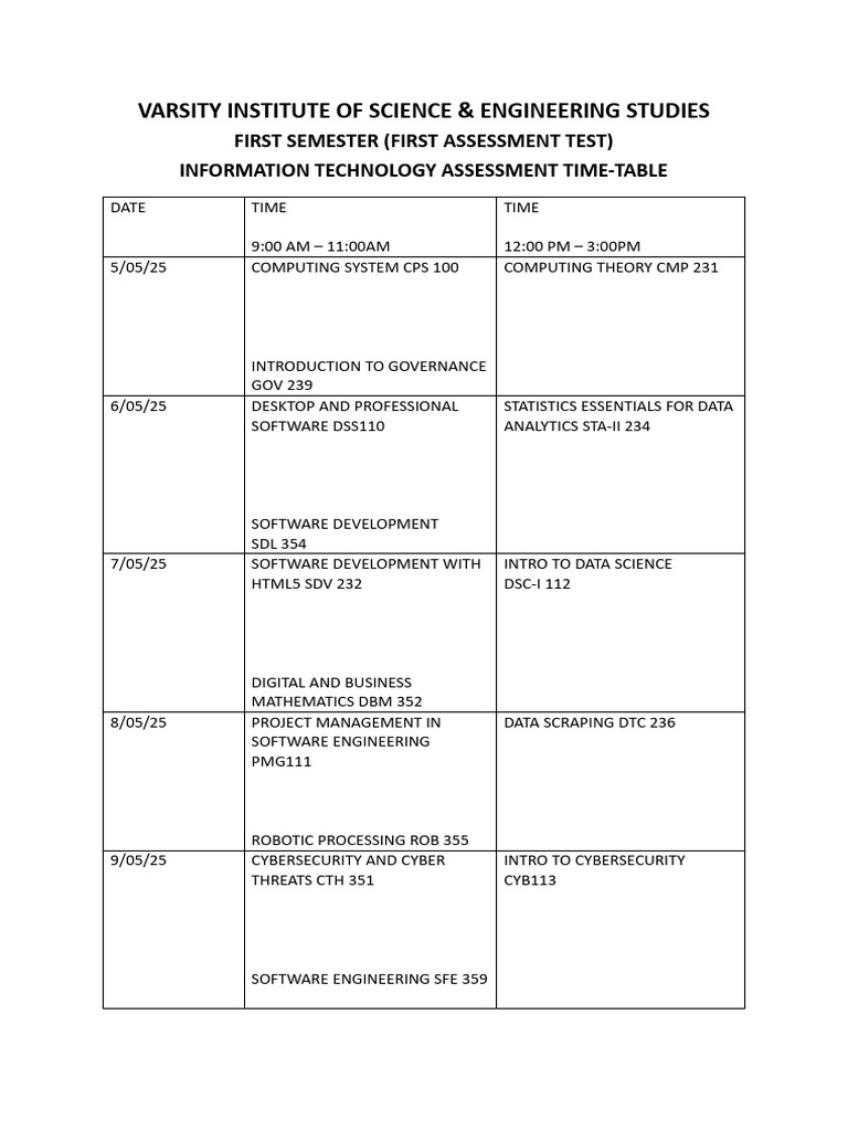 IT Assessment Timetable - Varsity Institute | PDF