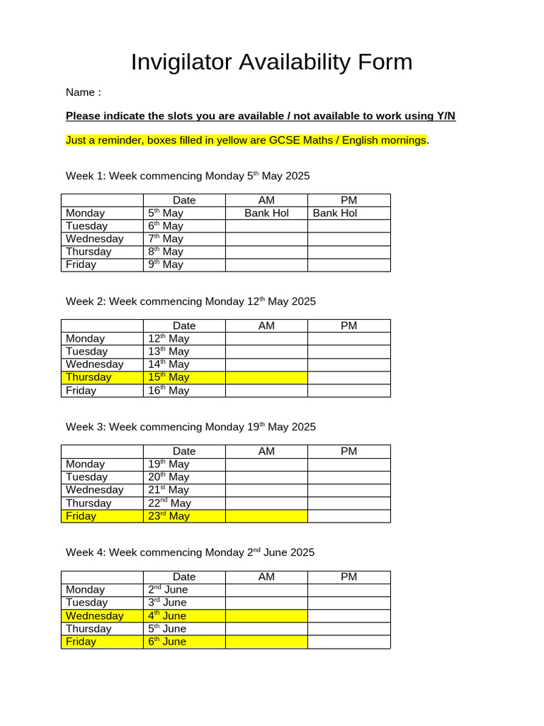 Invigilator Availability Form 2025 | PDF