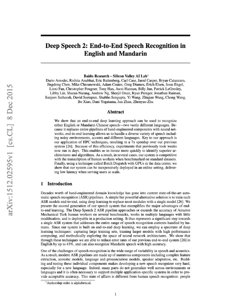 Deep Speech 2 - End-To-End Spech Recognition | PDF