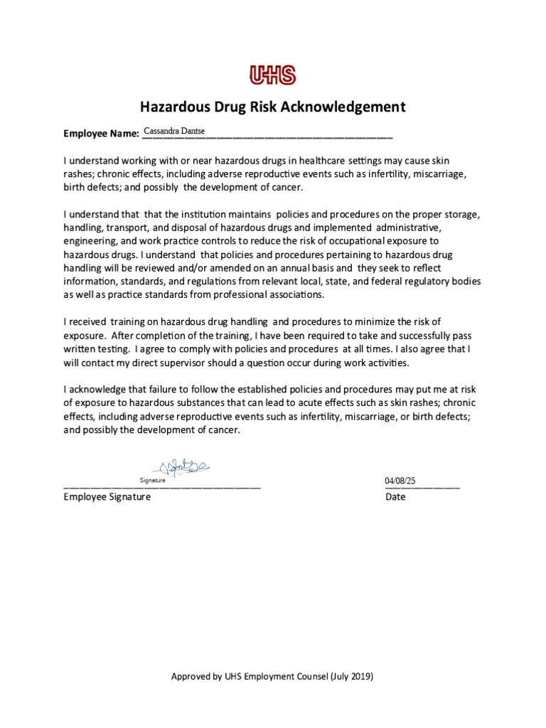 Hazardous Drug Risk Acknowledgement | PDF | Risk | Occupational Safety ...