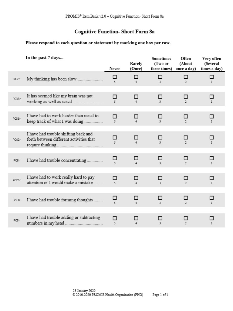 PROMIS SF V2.0-Cognitive Function 8a 1-23-2020 | PDF | Neuropsychological Assessment ...