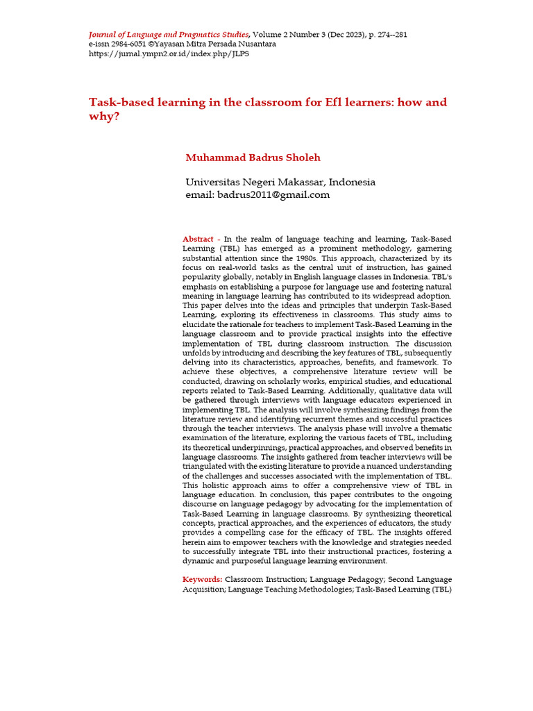 JLPS-Apr'24. Saleh-Task-based Learning in The Classroom For Efl ...