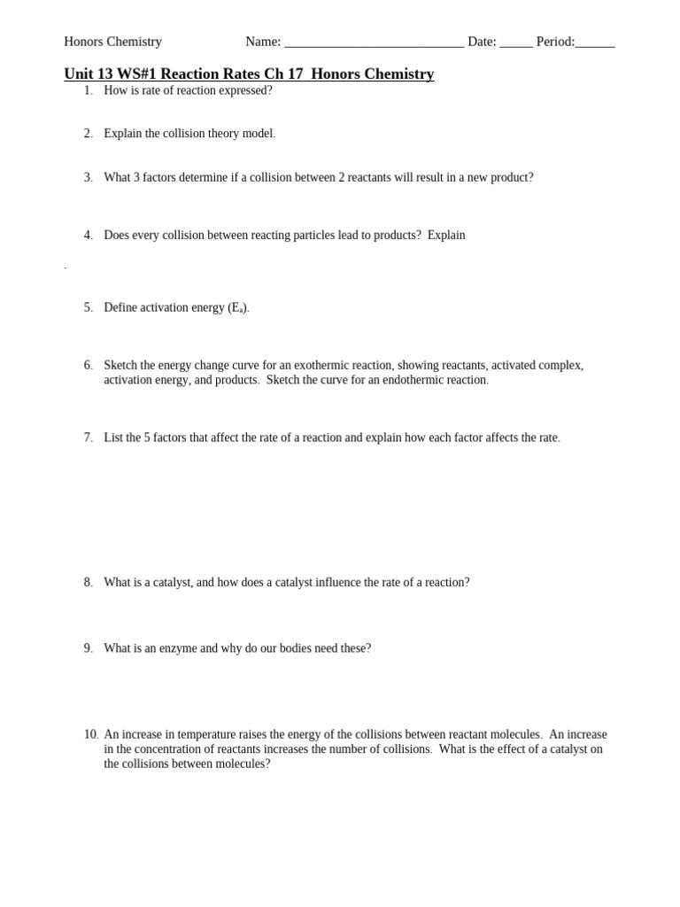 U13 WS#1 Reaction Rates HChem | PDF | Reaction Rate | Chemical Reactions