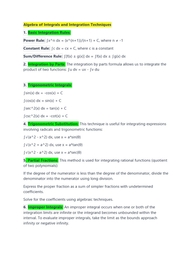 Algebra of Integrals and Integration Techniques With Exam Related ...