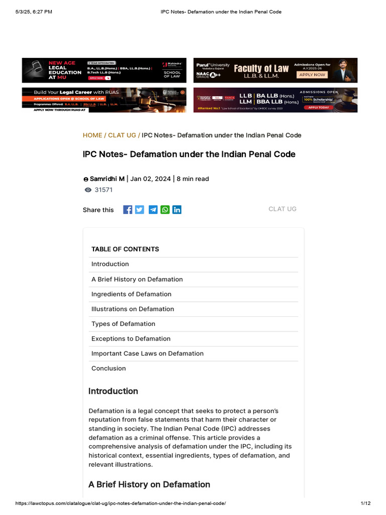 IPC Notes - Defamation Under The Indian Penal Code | PDF | Defamation ...