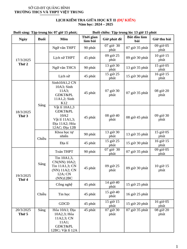 Lich Kiem Tra Giua Hkii NH 2024 2025 | PDF