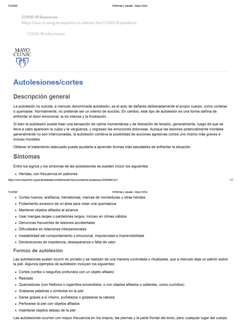 Autolesiones o Cortes Clinica Mayo | PDF | Autolesiones | Suicidio