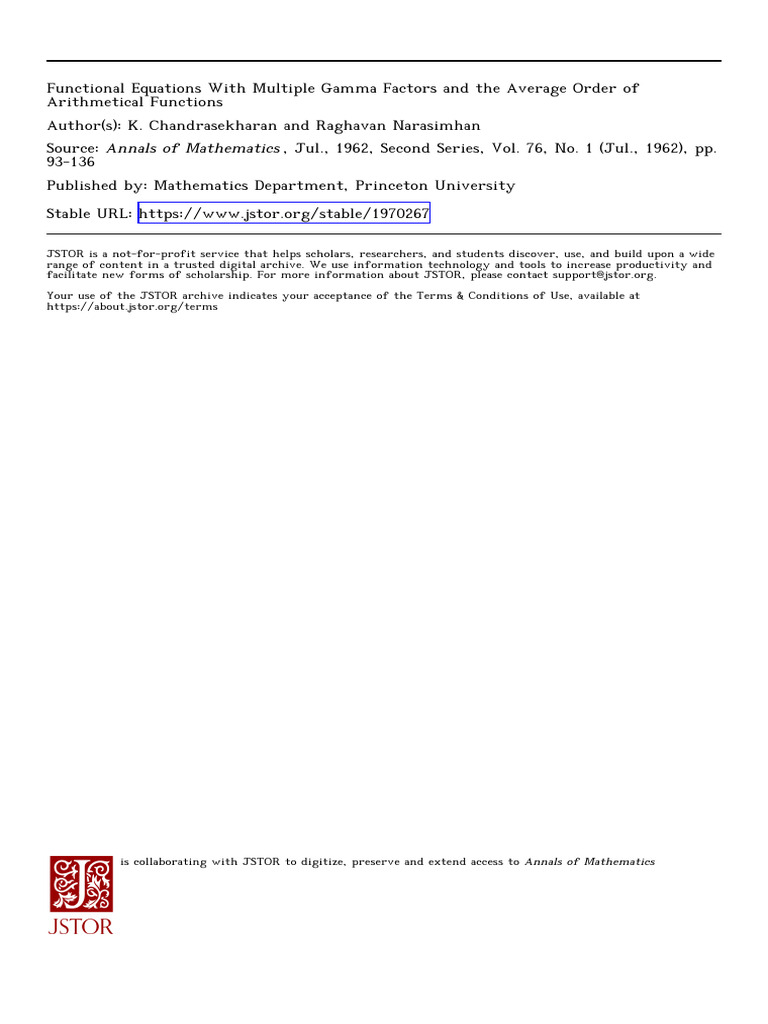 Functional Equations With Multiple Gamma Factors and The Average Order of Arithmetical Function ...