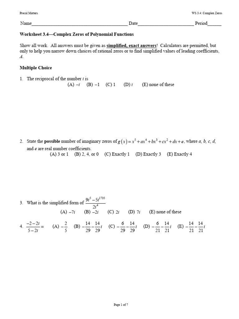 WS 03.4 Complex Zeros of Polyfuncs E | PDF | Zero Of A Function ...