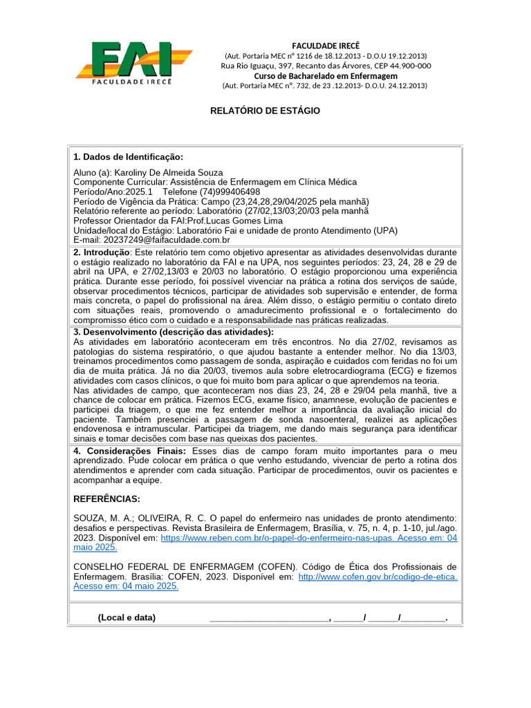 Modelo de Relatório de Estágio | PDF | Enfermagem | Sistema de saúde