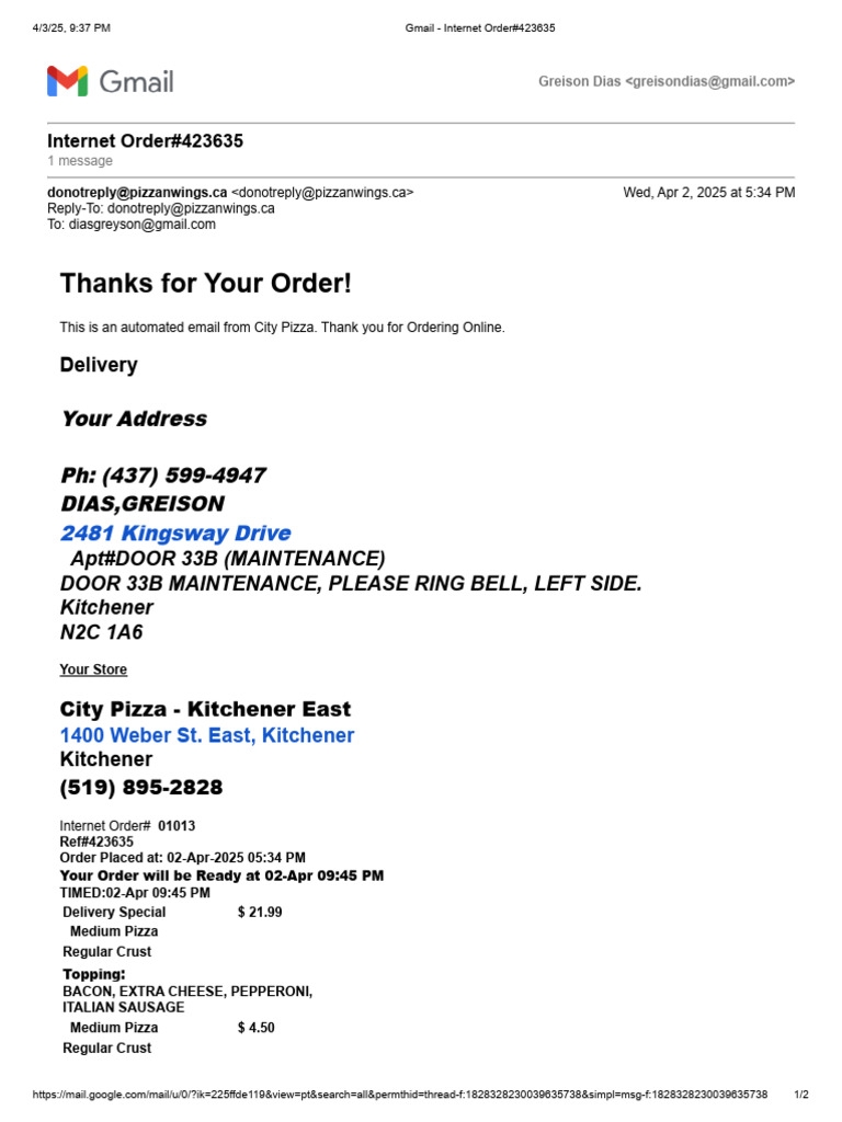 City Pizza Order Confirmation #423635 | PDF | Pizza | Cooking