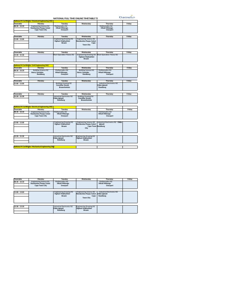 Engineering T2 Timetabling N1 N6 Draft Lecturers Master | PDF ...