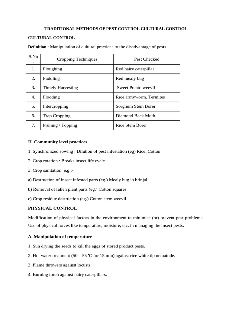Traditional Methods of Pest Control Cultural Control | PDF | Pest ...