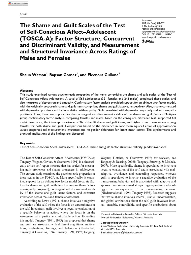 TOSCA-A: Shame and Guilt Scale Validity | PDF | Shame | Guilt (Emotion)