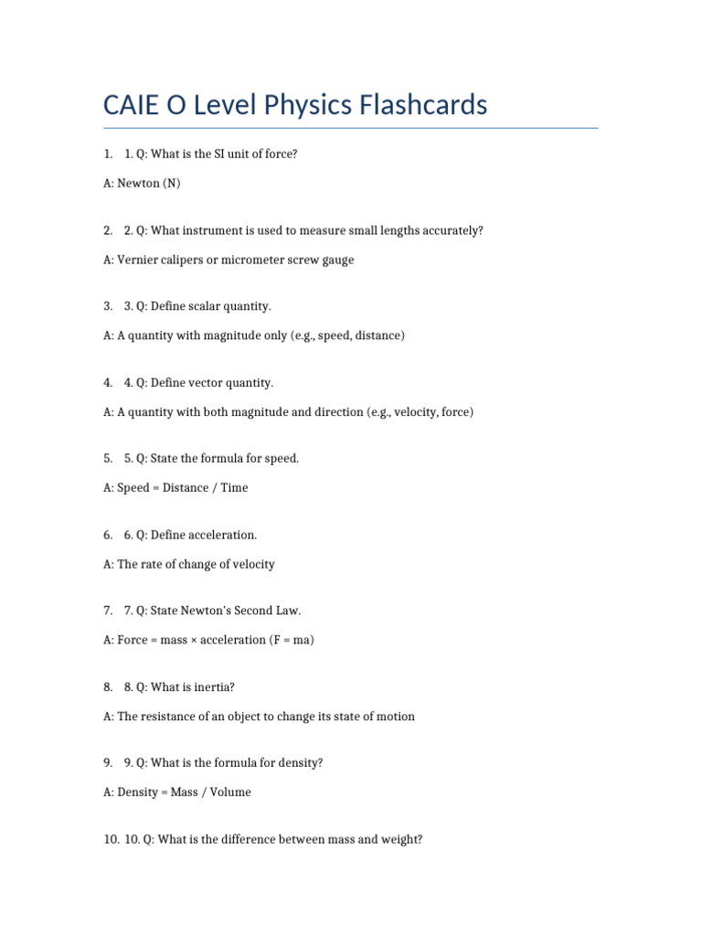 Caie Physics Flashcards | PDF | Force | Pressure