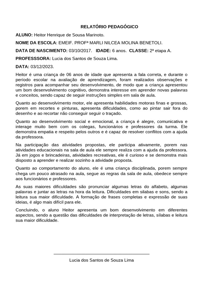 RELATÓRIO PEDAGÓGIC heitor | PDF