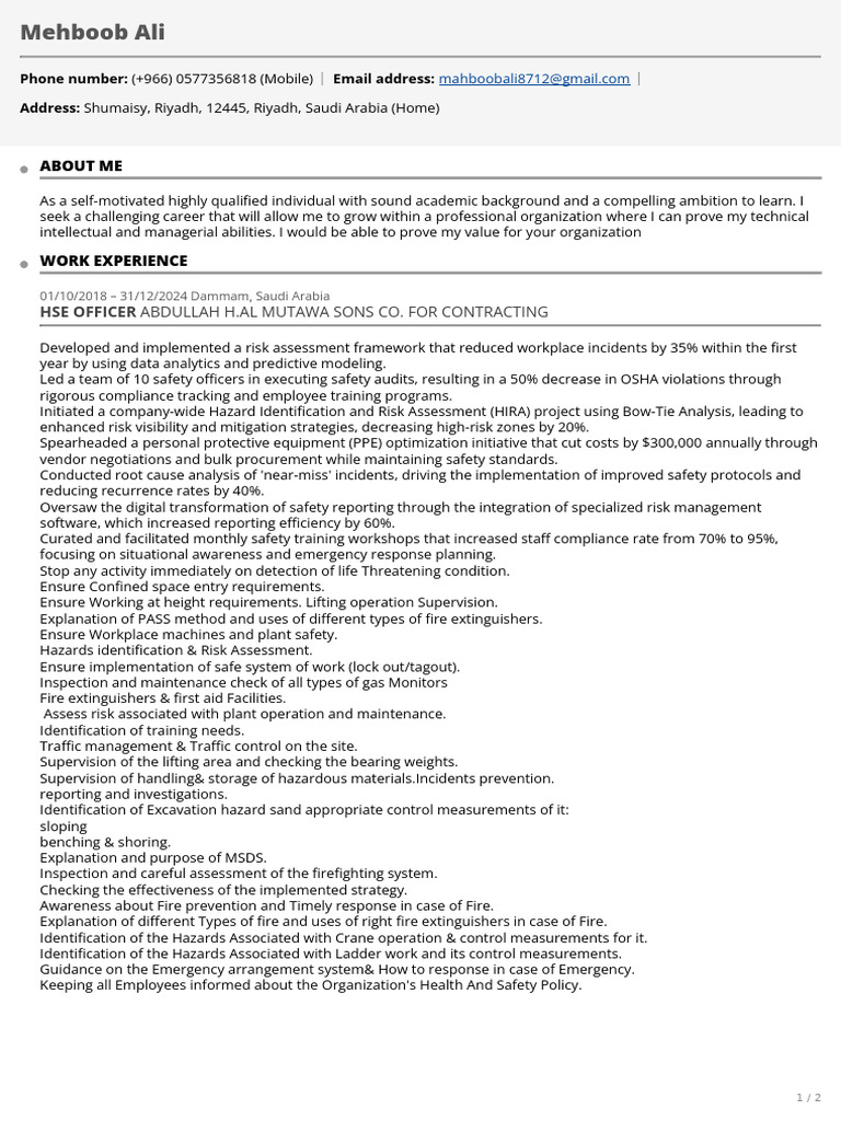Mehboob Ali, Safety Officer | PDF | Occupational Safety And Health | Safety