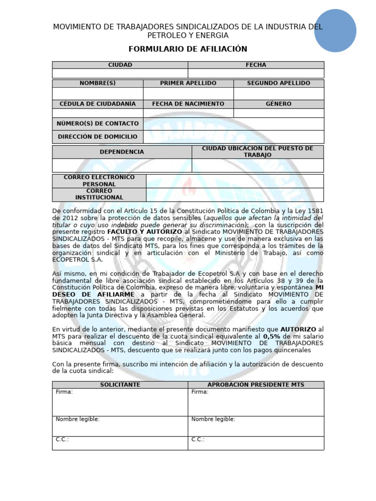Formato de afiliación MTS | PDF | Sindicato | Gobierno