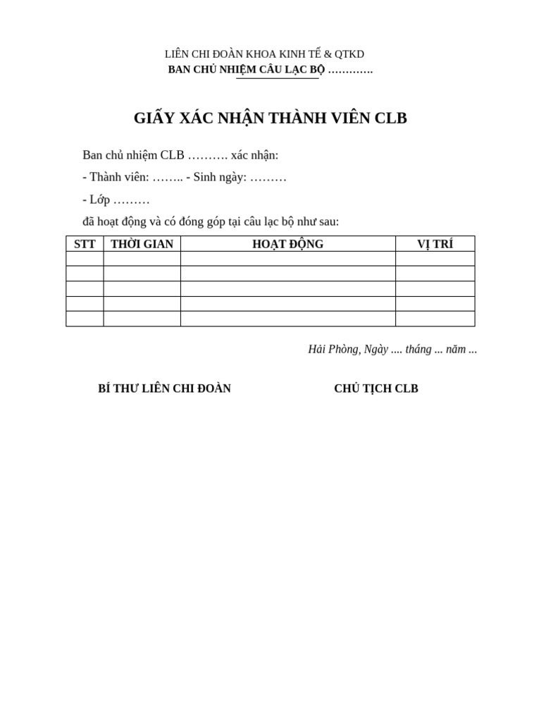Xac Nhan Thanh Vien CLB | PDF