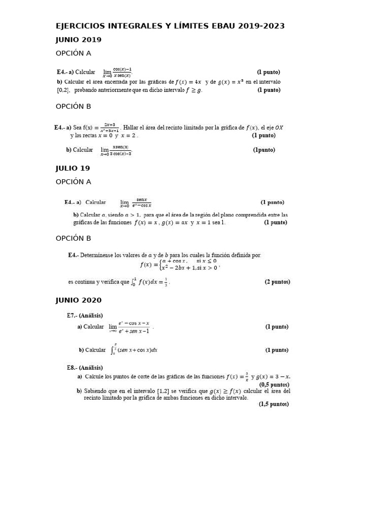 Ejercicios de Integrales EBAU 2019-2023 | PDF