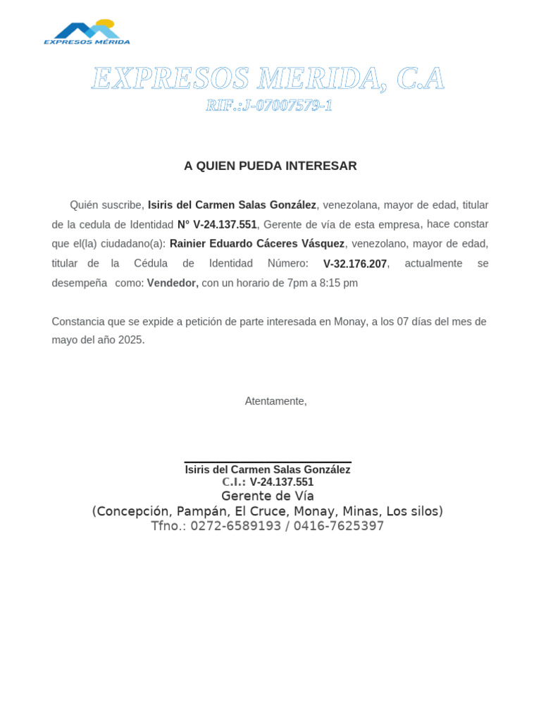 Constancia A Quien Pueda Interesar Expresos Merida | PDF