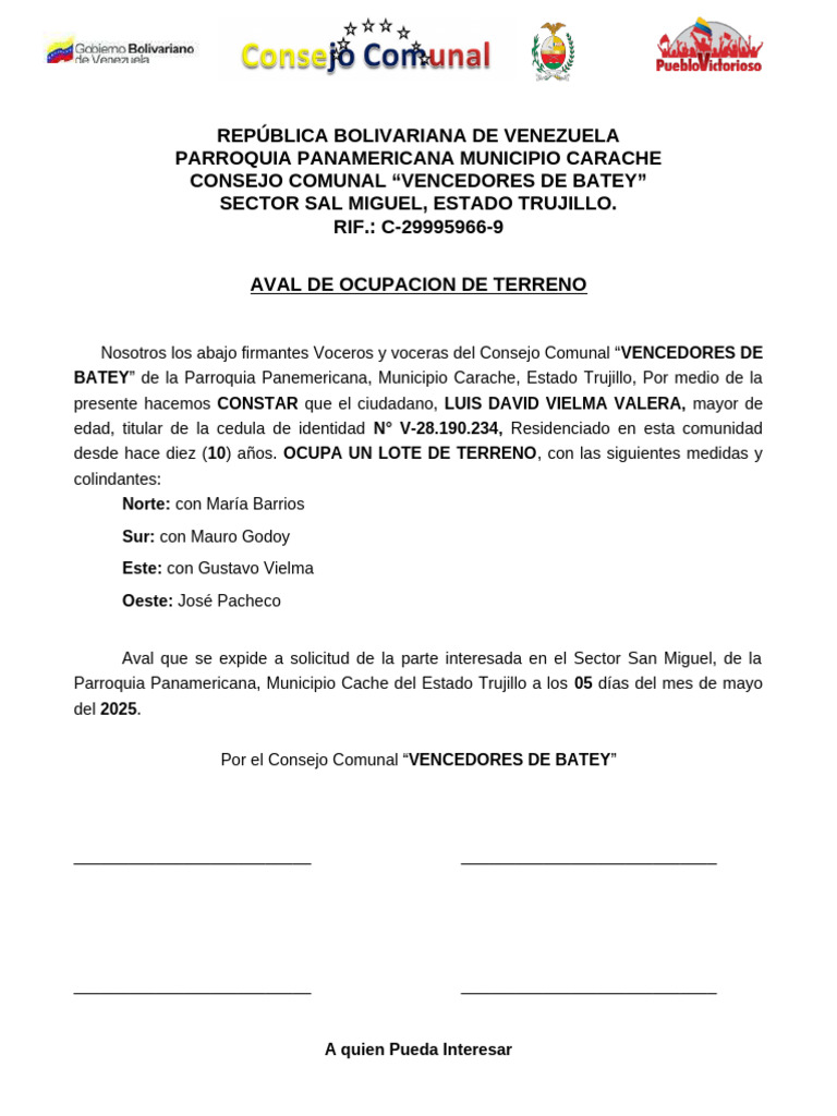 Aval de Ocupacion Vencedires de Batey Luis David | PDF