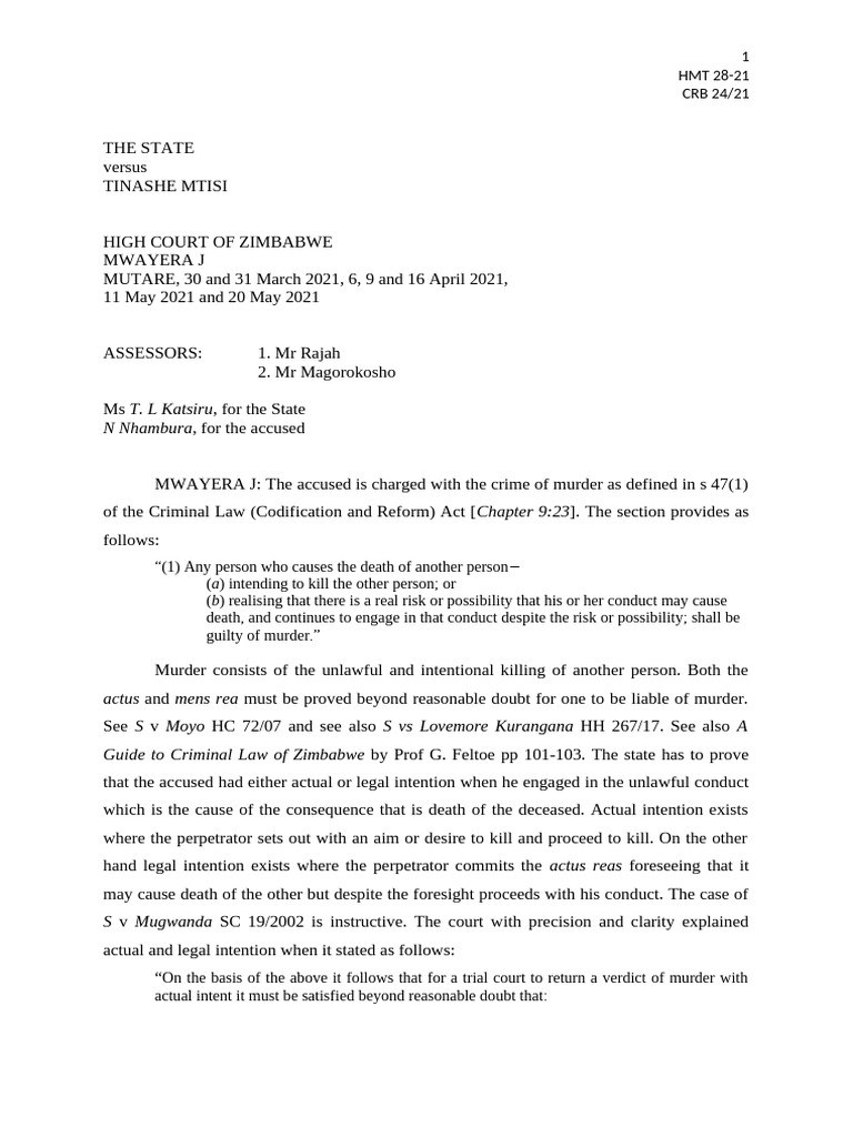 Zimbabwe High Court Murder Case Summary | PDF | Murder | Assault